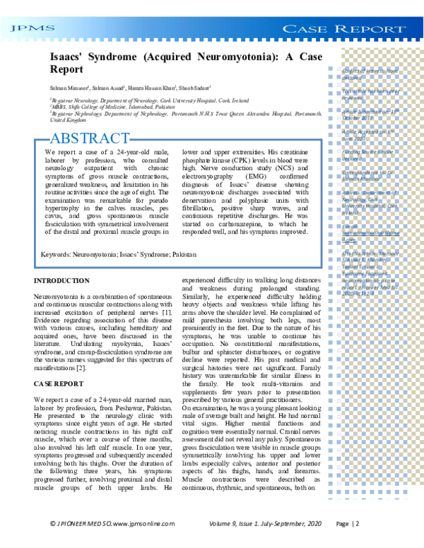 (PDF) Isaacs' Syndrome (Acquired Neuromyotonia): A Case Report