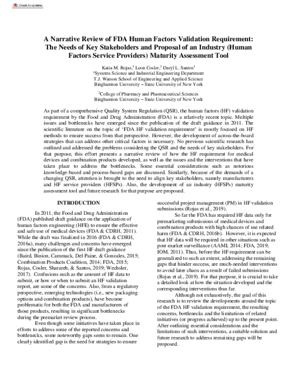(PDF) A Narrative Review of FDA Human Factors Validation Requirement ...