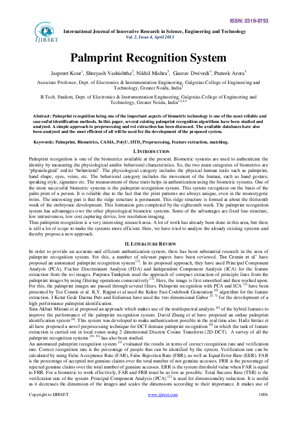 Pdf Palmprint Recognition System Nikhil Mishra