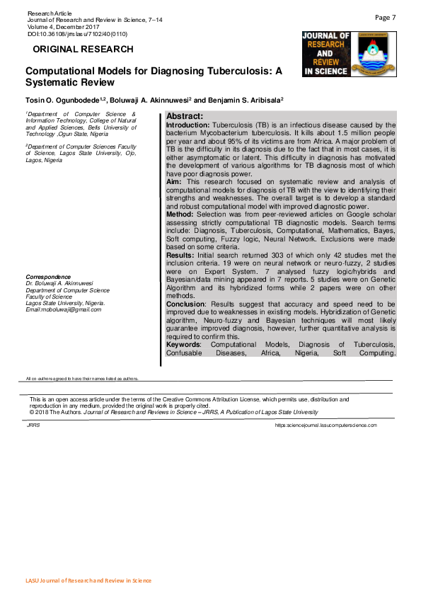 (PDF) Computational Models for Diagnosing Tuberculosis: A Systematic Review