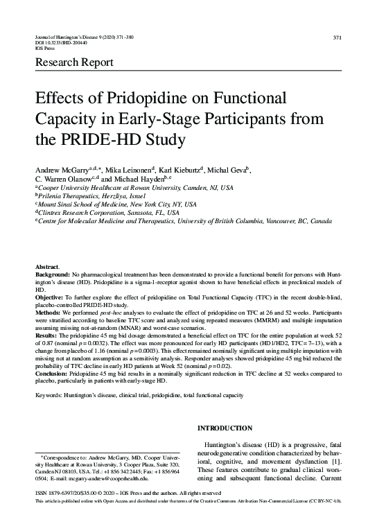 (PDF) Pridopidine Effects on Functional Capacity in Early Huntington's ...