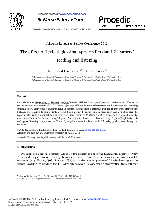 (PDF) The Effect of Lexical Glossing Types on Persian L2 Learners ... (PDF) The Effect of Lexical Glossing Types on Persian L2 Learners ...