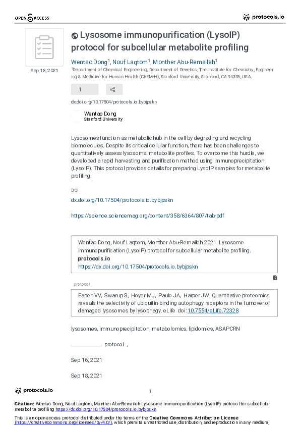 (PDF) Lysosome immunopurification (LysoIP) protocol for subcellular ...