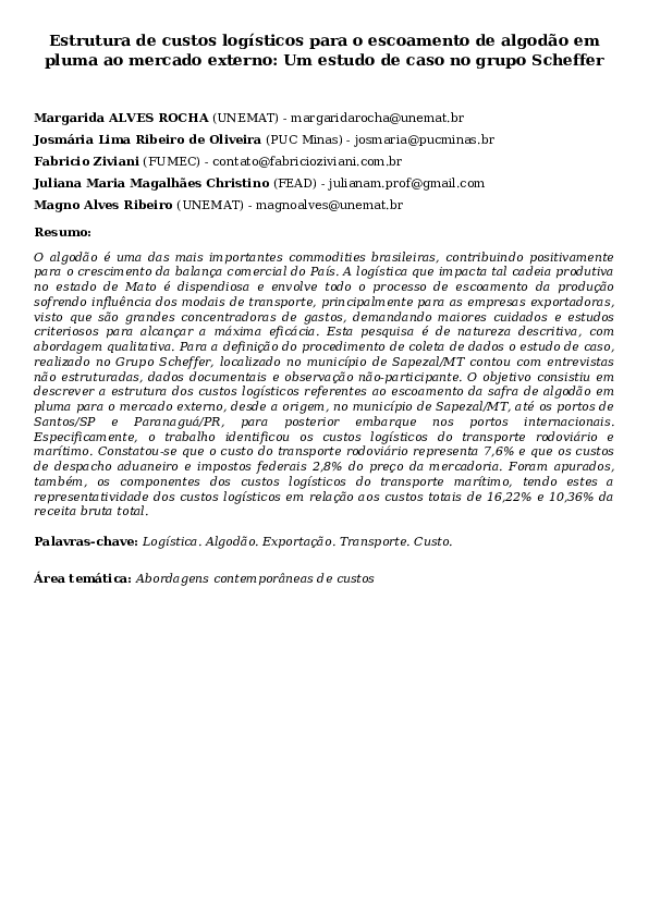 (PDF) ESTRUTURA DE CUSTOS LOGÍSTICOS PARA O ESCOAMENTO DE ALGODÃO EM PLUMA AO MERCADO EXTERNO ...
