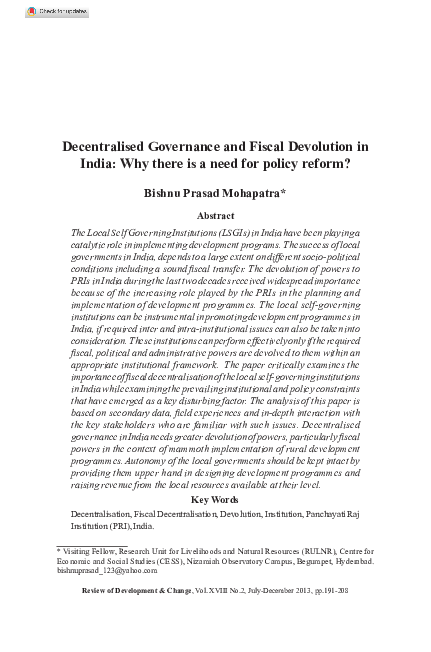 (PDF) Decentralised Governance and Fiscal Devolution in India: Why ...