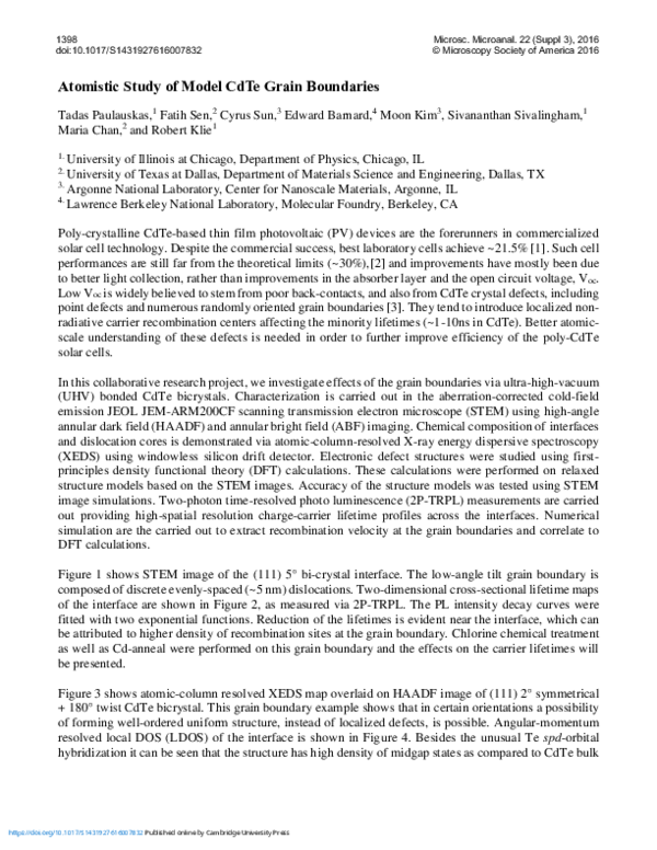 (PDF) Atomistic Study of Model CdTe Grain Boundaries