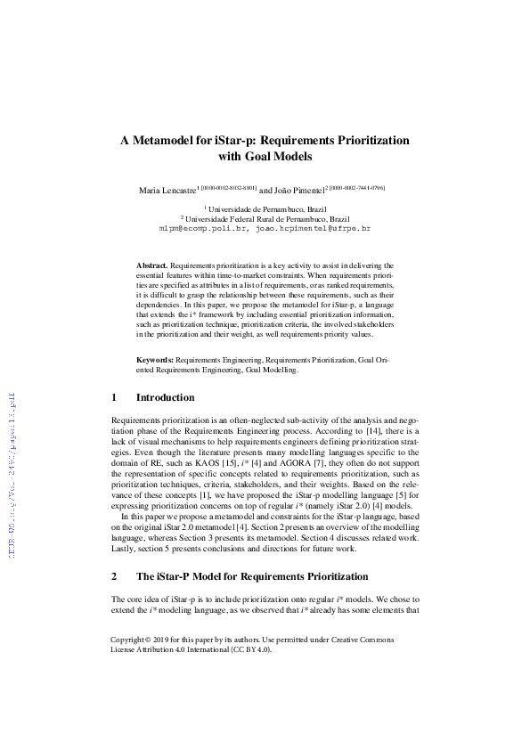 (PDF) A Metamodel for iStar-p: Requirements Prioritization with Goal Models