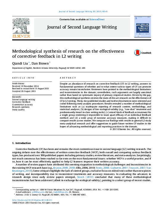 (PDF) Methodological synthesis of research on the effectiveness of corrective feedback in L2 writing