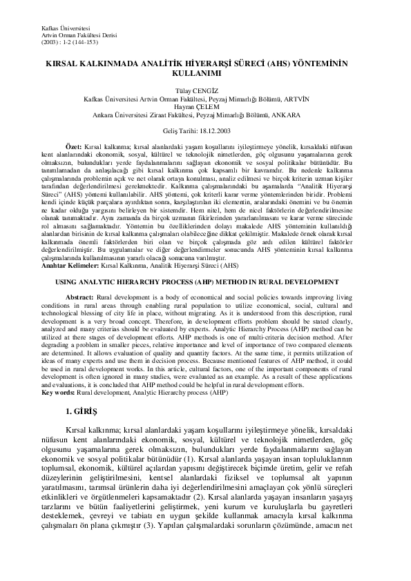 Pdf Using Analytic Hierarchy Process Ahp Method In Rural Development Tülay Cengiz