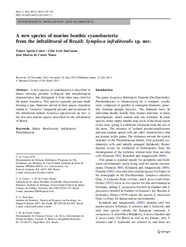 (PDF) A new species of marine benthic cyanobacteria from the ...