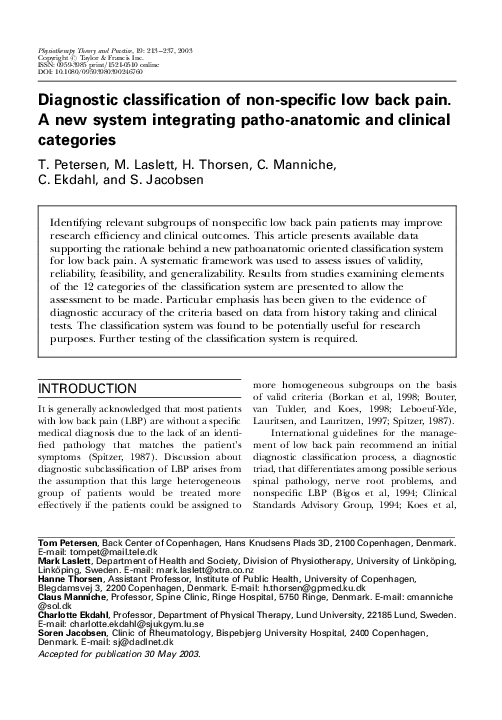 (PDF) Diagnostic classification of non-specific low back pain. A new ...