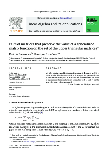 Pdf Pairs Of Matrices That Preserve The Value Of A Generalized Matrix