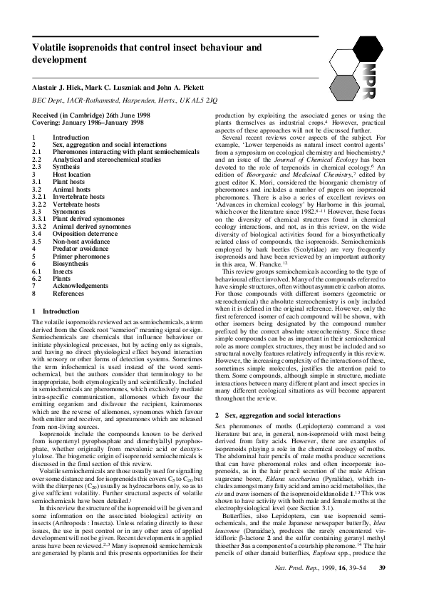 (PDF) Volatile isoprenoids that control insect behaviour and development