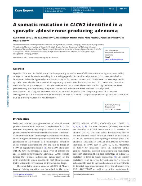 (PDF) A somatic mutation in CLCN2 identified in a sporadic aldosterone-producing adenoma