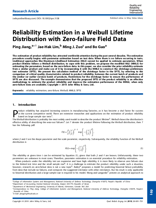 (PDF) Reliability estimation in a Weibull lifetime distribution with zero-failure field data