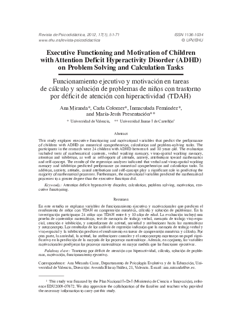 (PDF) Executive Functioning and Motivation of Children with ADHD on Problem Solving and ...