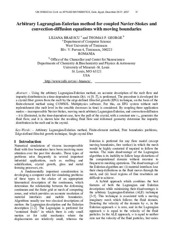 (PDF) Arbitrary Lagrangian-Eulerian method for coupled Navier-Stokes and convection-diffusion ...
