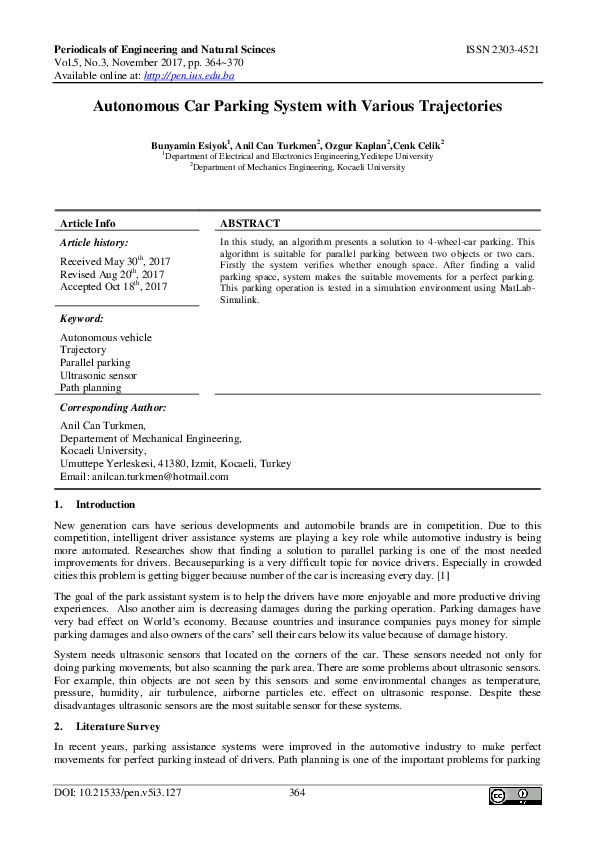 Pdf Autonomous Car Parking System With Various Trajectories Anıl Can Türkmen