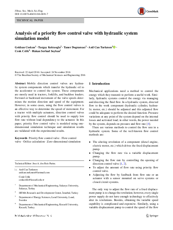 (PDF) Analysis of a priority flow control valve with hydraulic system simulation model