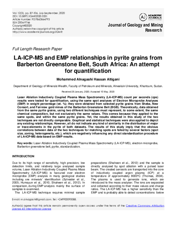 (PDF) LA-ICP-MS and EMP relationships in pyrite grains from Barberton Greenstone Belt, South ...