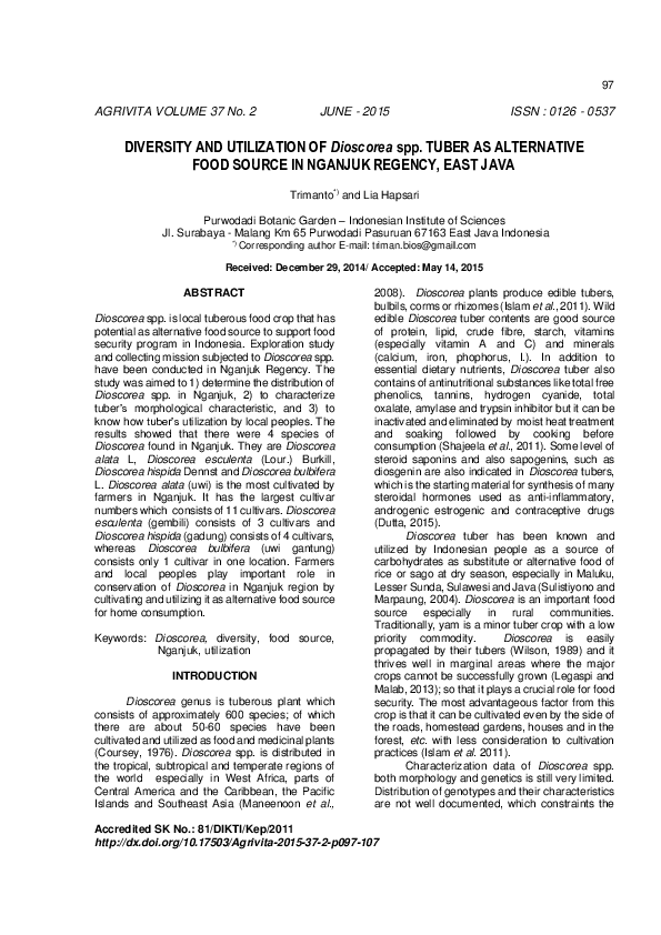 (PDF) DIVERSITY AND UTILIZATION OF Dioscorea spp. TUBER AS ALTERNATIVE ...