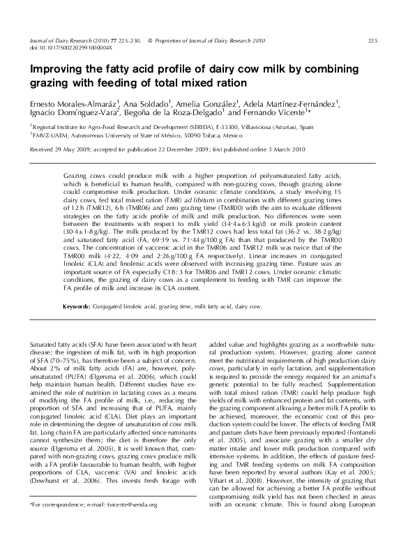 (PDF) Improving the fatty acid profile of dairy cow milk by combining grazing with feeding of ...