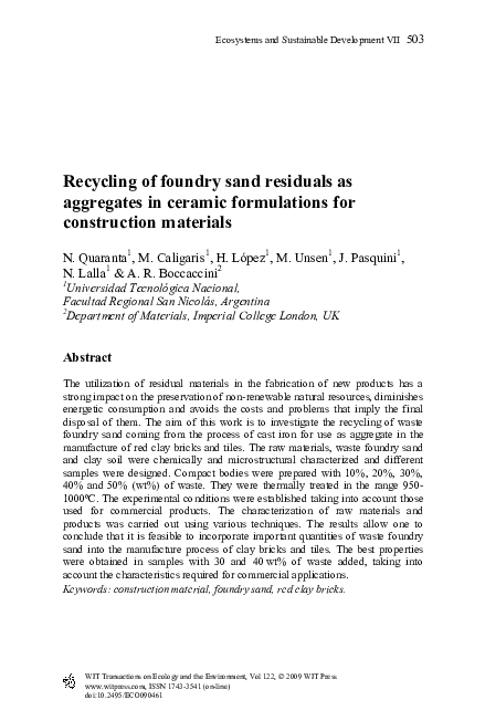 (PDF) Recycling of foundry sand residuals as aggregates in ceramic ...