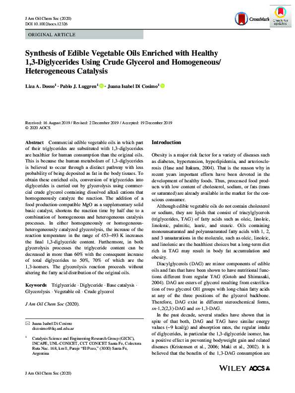 (PDF) Synthesis of Edible Vegetable Oils Enriched with Healthy 1,3 ...