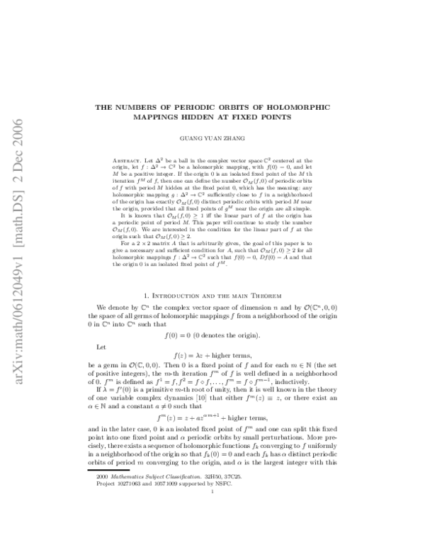 Pdf The Numbers Of Periodic Orbits Of Holomorphic Mappings Hidden At Fixed Points