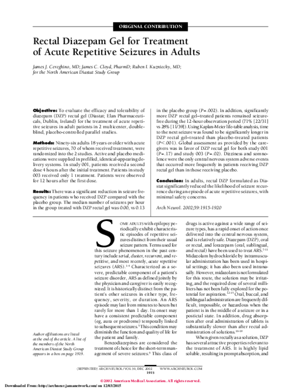 (PDF) Rectal Diazepam Gel for Treatment of Acute Repetitive Seizures in ...