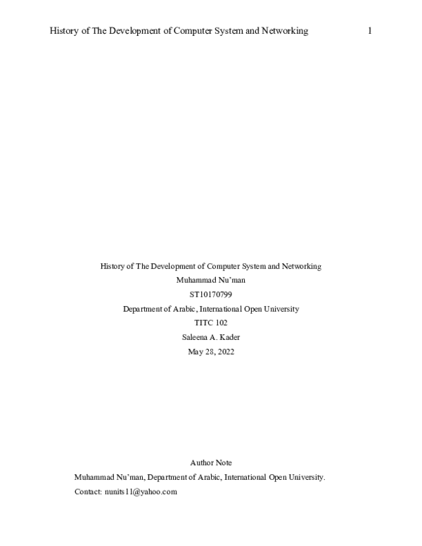(DOC) History of The Development of Computer System and Networking