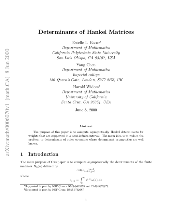 (PDF) Determinants of Hankel Matrices | Yang Chen - Academia.edu