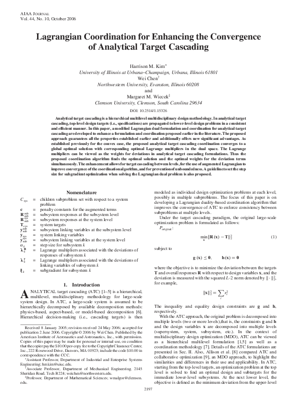 (PDF) Lagrangian Coordination for Enhancing the Convergence of Analytical Target Cascading