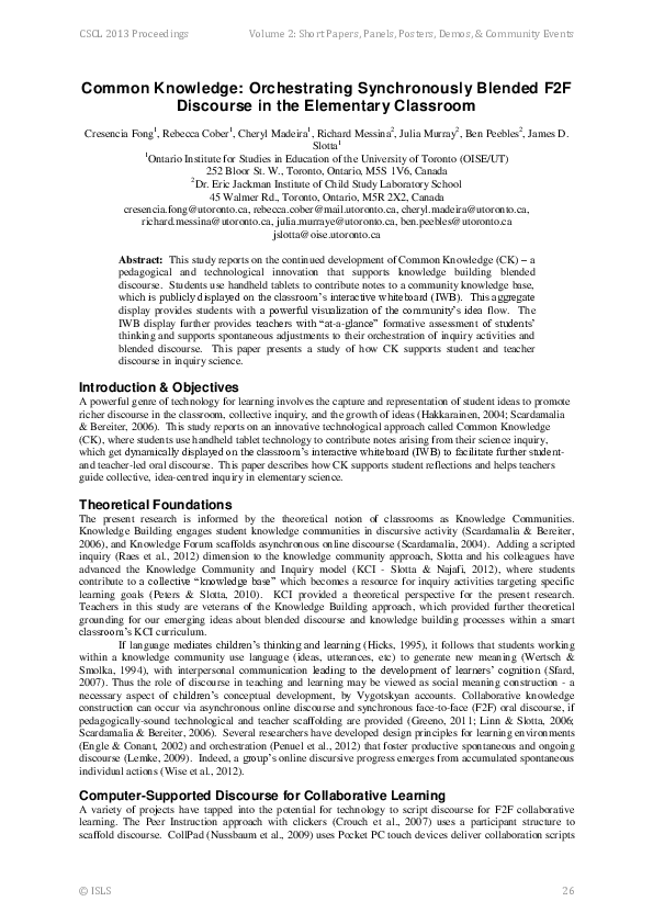 (PDF) Common Knowledge: Orchestrating Synchronously Blended F2F Discourse in the Elementary ...