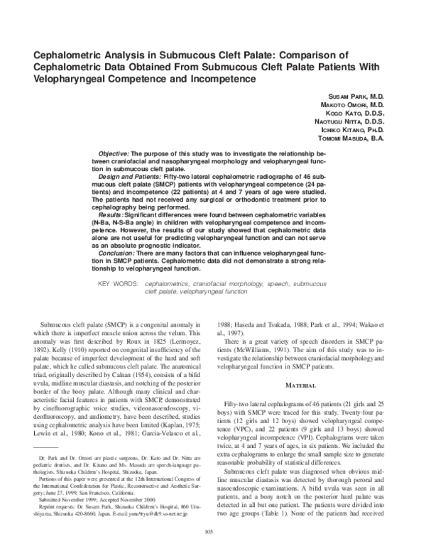 (PDF) Cephalometric Analysis in Submucous Cleft Palate: Comparison of ...