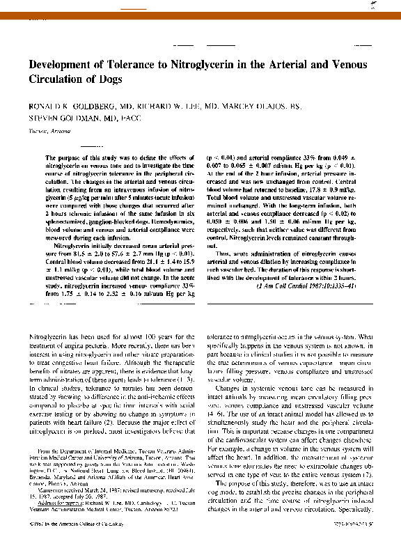 (PDF) Development of tolerance to nitroglycerin in the arterial and ...