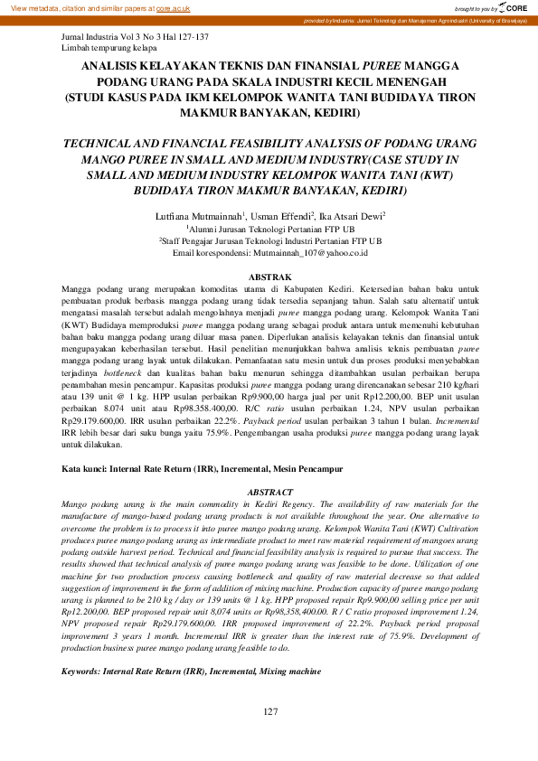 (PDF) Analisis Kelayakan Teknis Dan Finansial Puree Mangga Podang Urang ...