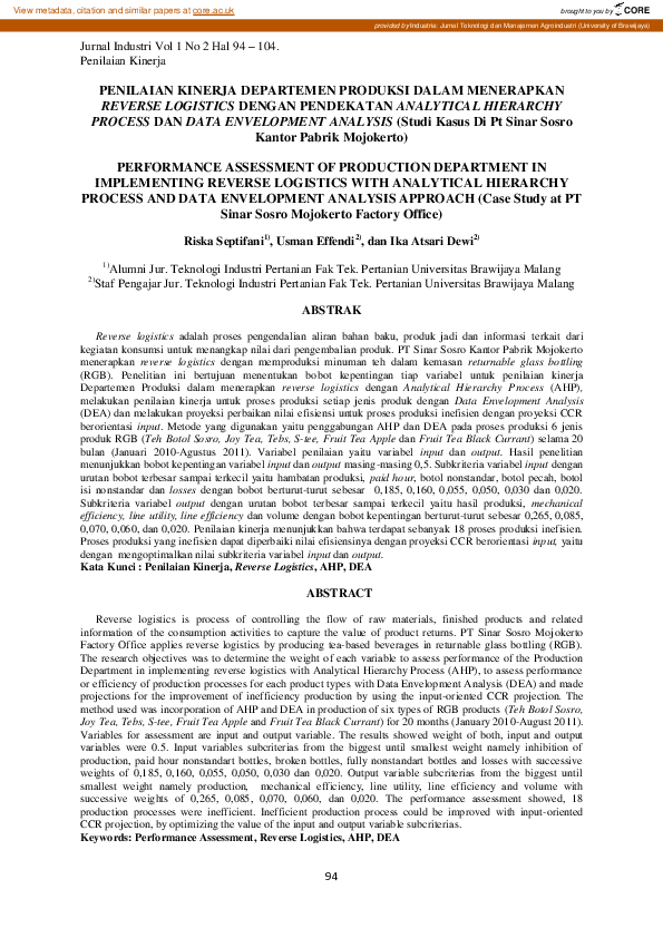 (PDF) PENILAIAN KINERJA DEPARTEMEN PRODUKSI DALAM MENERAPKAN REVERSE LOGISTICS DENGAN PENDEKATAN ...