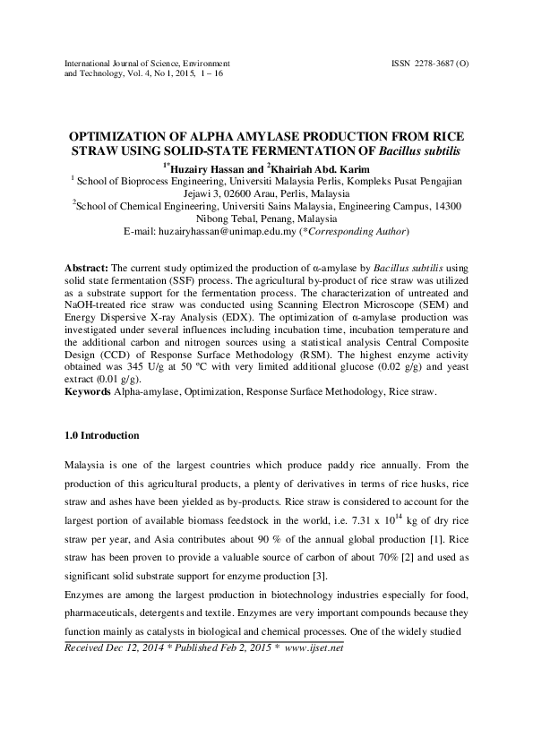 (PDF) OPTIMIZATION OF ALPHA AMYLASE PRODUCTION FROM RICE STRAW USING SOLID-STATE FERMENTATION OF ...