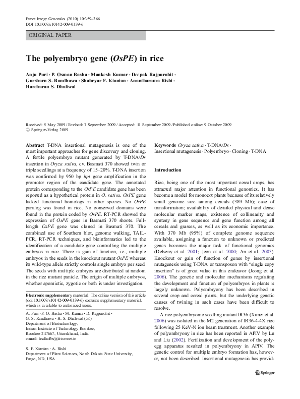 (PDF) The polyembryo gene (OsPE) in rice