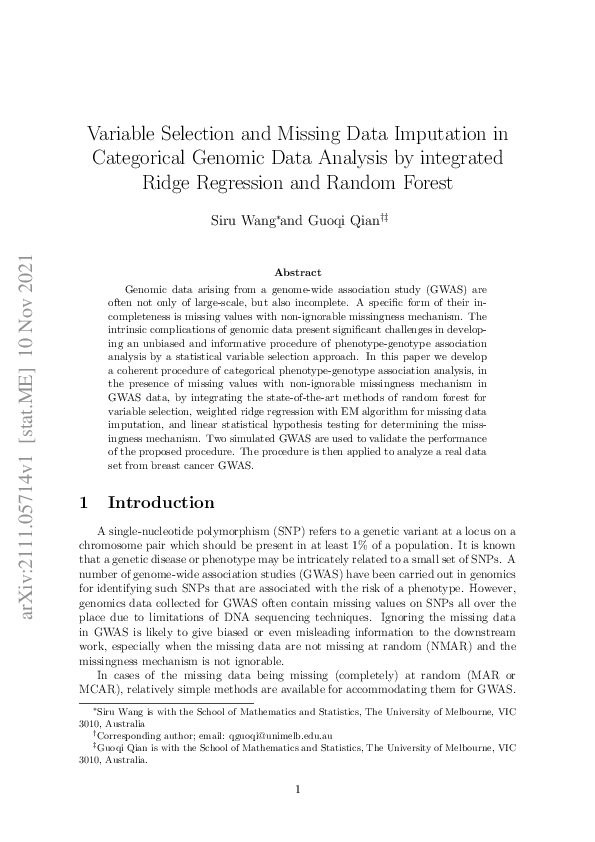 Pdf Variable Selection And Missing Data Imputation In Categorical
