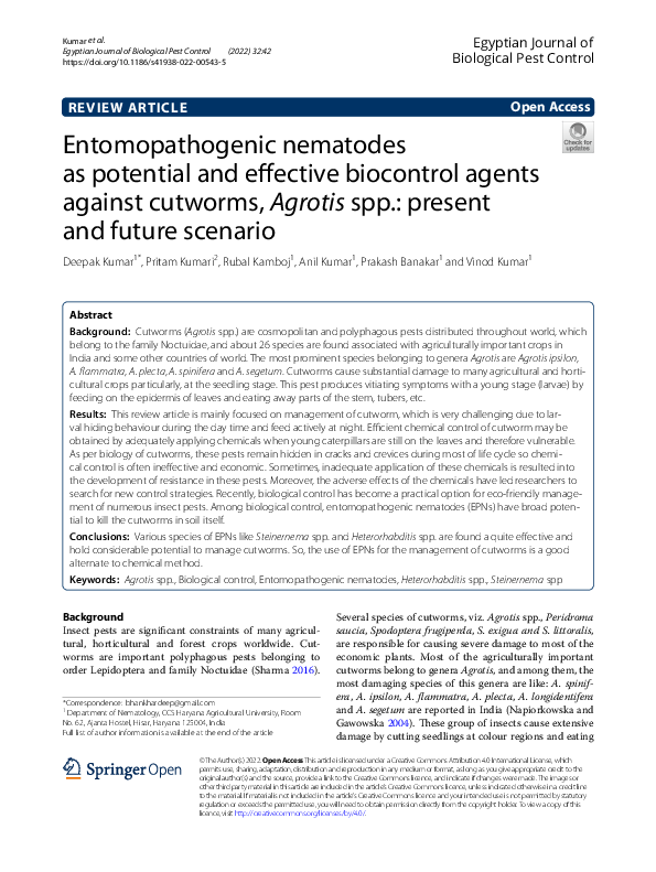 (PDF) Entomopathogenic nematodes as potential and effective biocontrol agents against cutworms ...