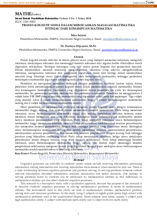 (PDF) Proses Kognitif Siswa Dalam Memecahkan Masalah Matematika Ditinjau Dari Kemampuan Matematika