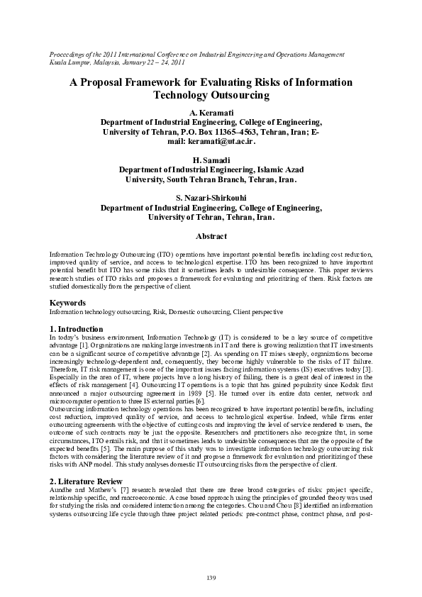 (PDF) A Proposal Framework for Evaluating Risks of Information Technology Outsourcing