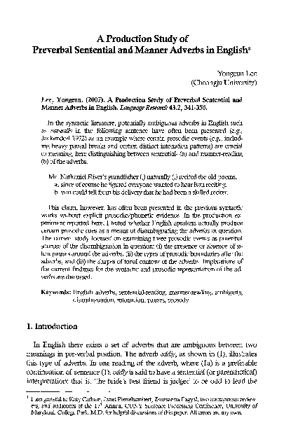 (PDF) A Production Study of Preverbal Sentential and Manner Adverbs in ...
