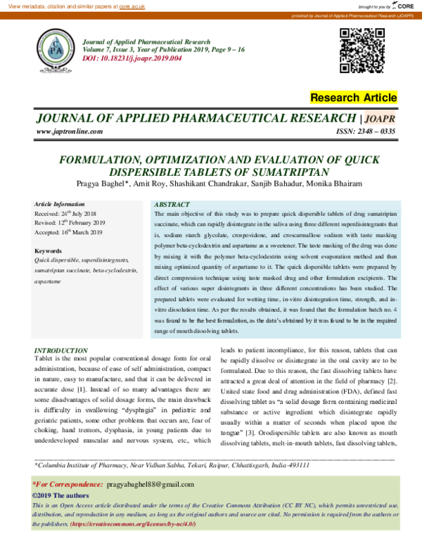 Pdf Formulation Optimization And Evaluation Of Quick Dispersible Tablets Of Sumatriptan