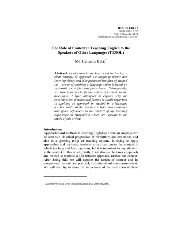 The Role of Context in Teaching English to the Speakers of Other ...