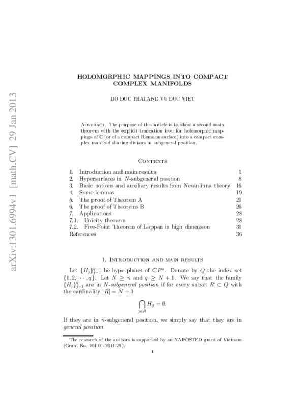 (PDF) Holomorphic mappings into compact complex manifolds
