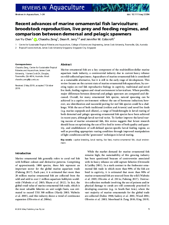 (PDF) Recent advances of marine ornamental fish larviculture ...