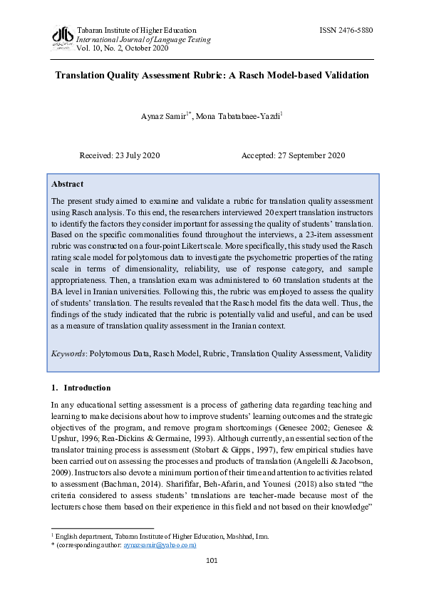 Pdf Translation Quality Assessment Rubric A Rasch Model Based Validation 